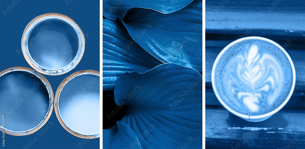 Collage made with different images toned in classic blue color . Color ...