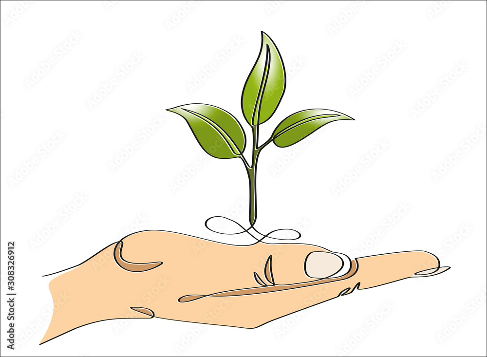 One line drawing of sprout in hand. Continuous line growing plant in ...