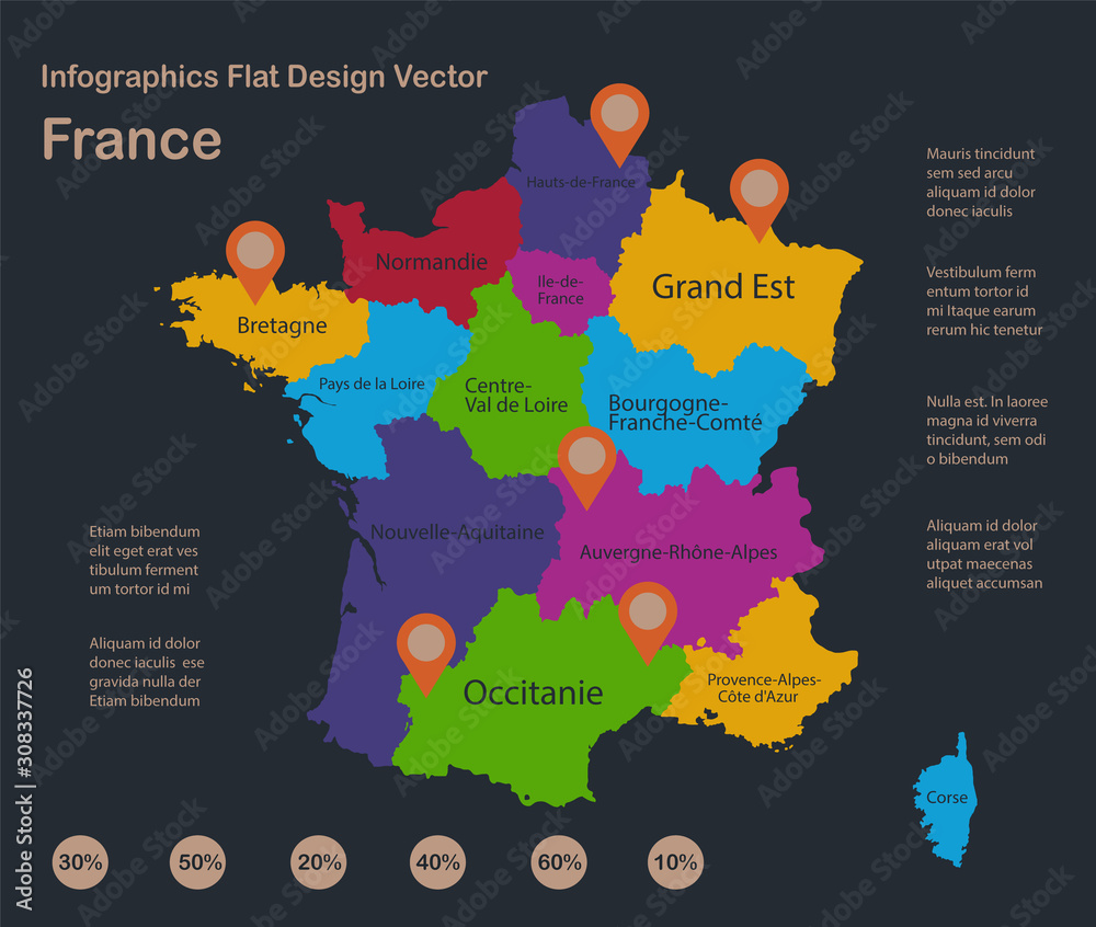 Infographics France map, flat design colors, with names of individual ...