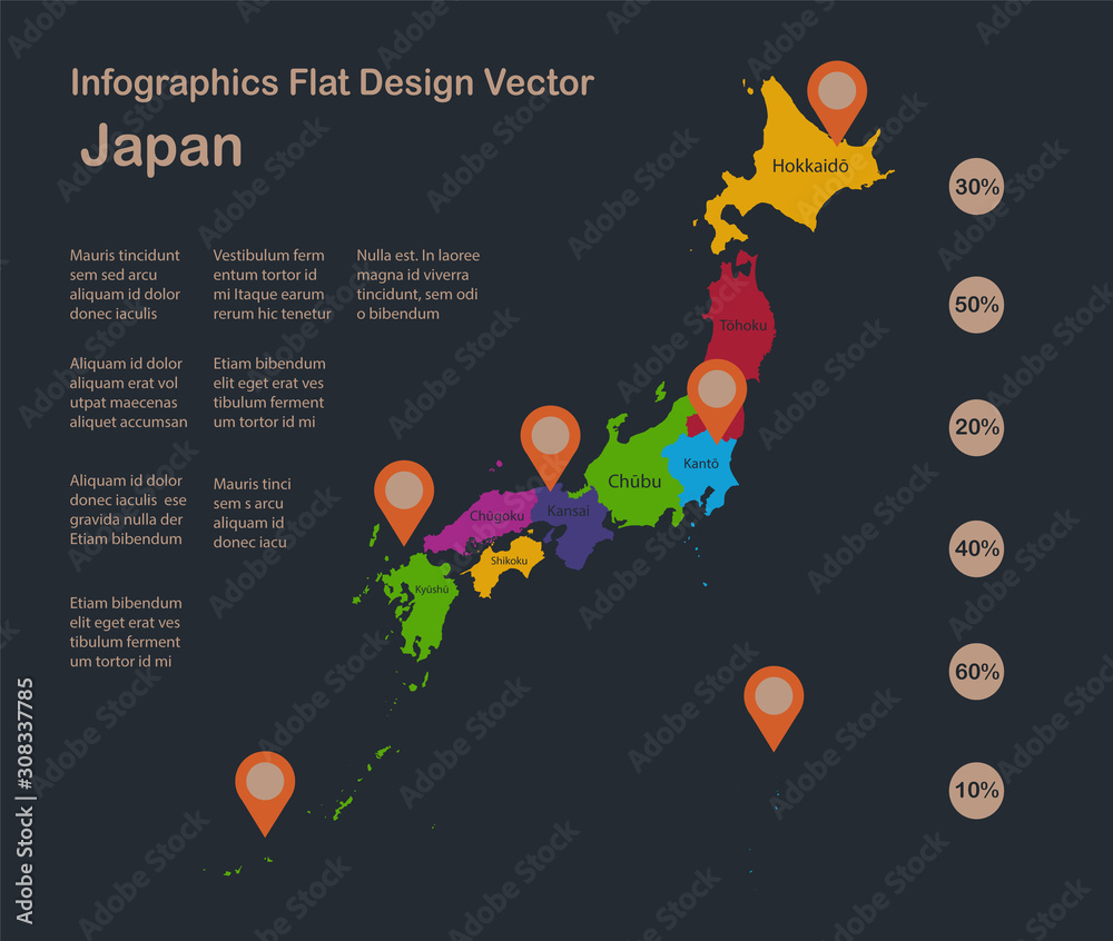 Infographics Japan map, flat design colors, with names of individual ...