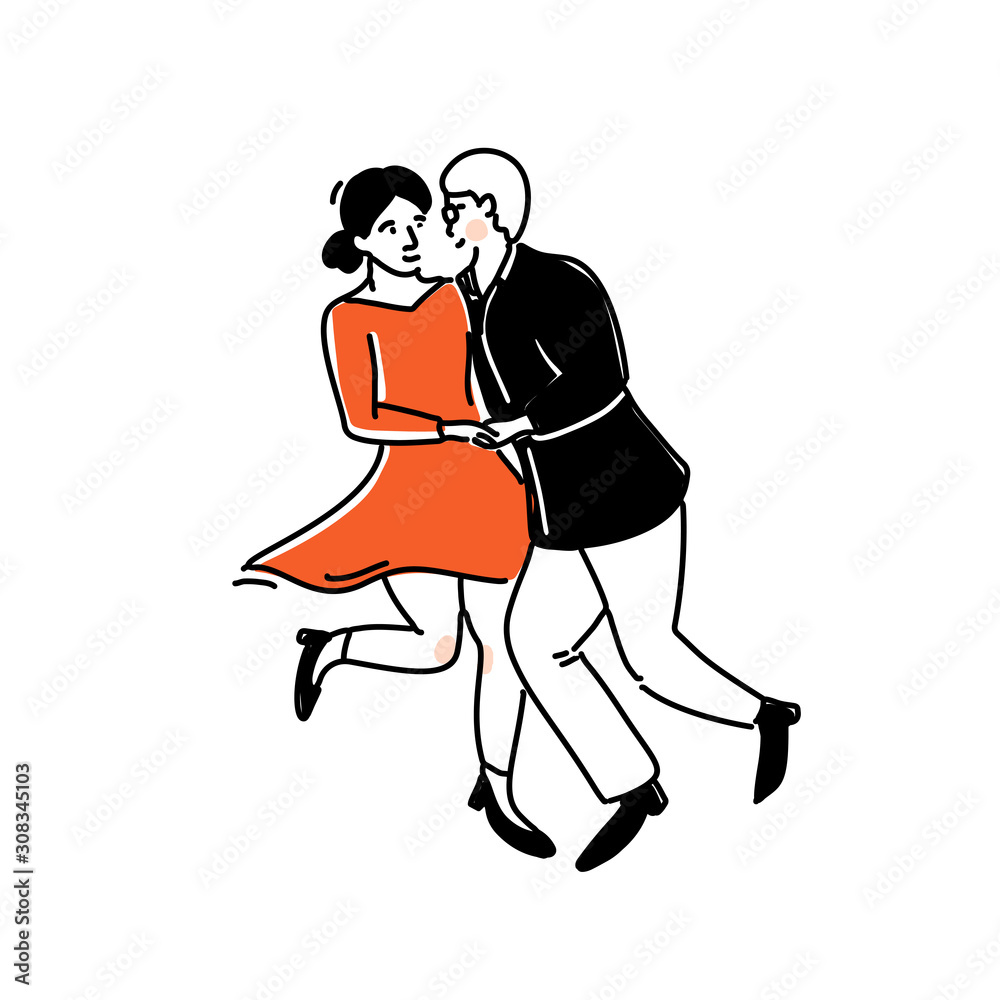 Couple dancing, man and woman in red dress in side by side position ...