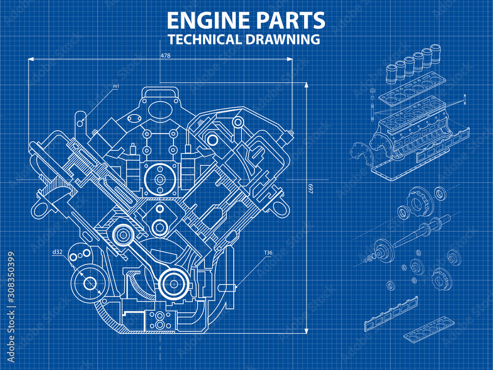 Technical blue background with drawings of details and mechanisms ...