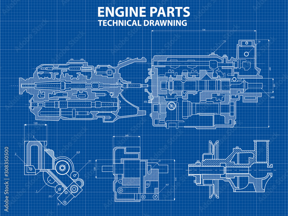 Technical blue background with drawings of details and mechanisms ...