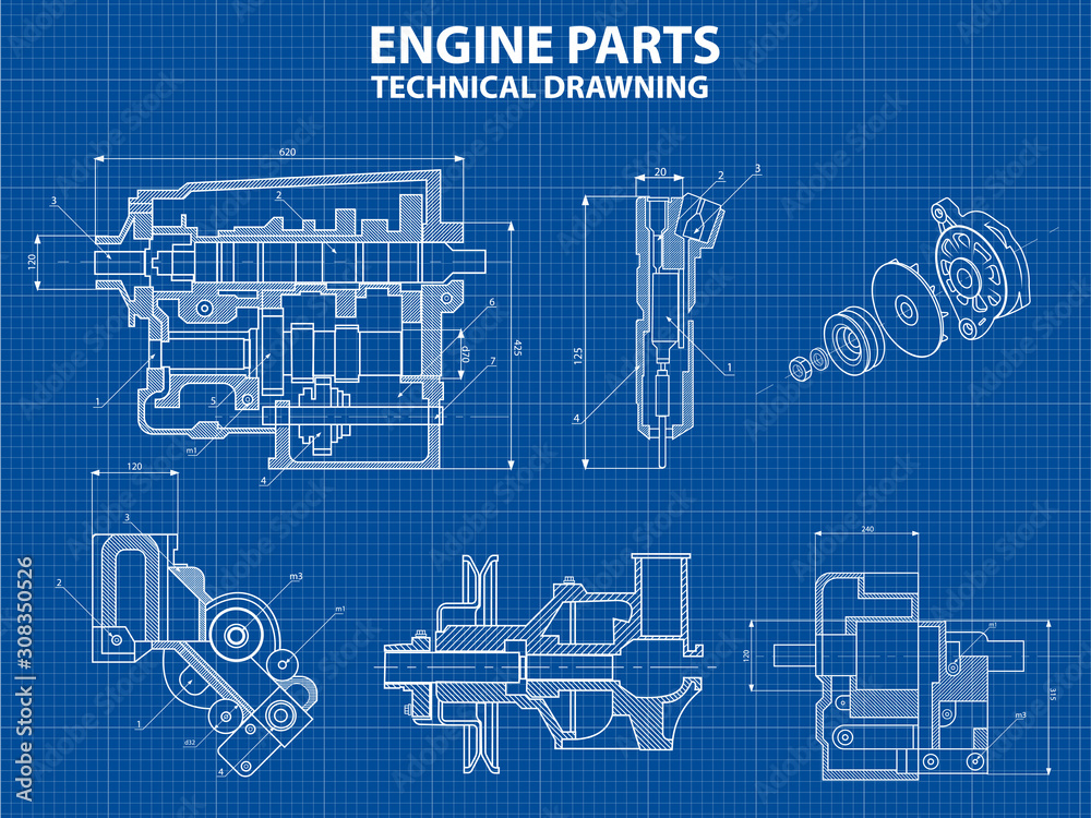 Technical blue background with drawings of details and mechanisms ...