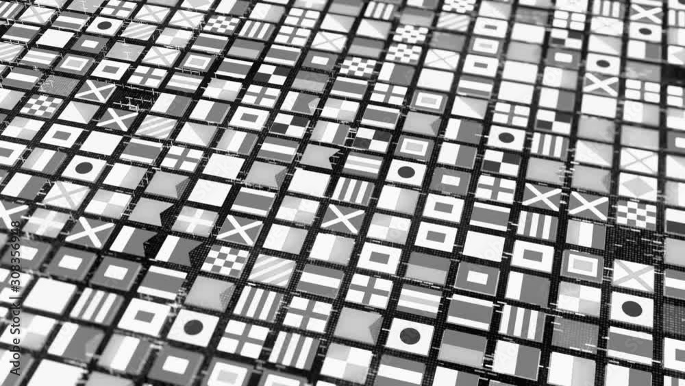 Abstract animation of monochrome countries flags icons on the dark ...