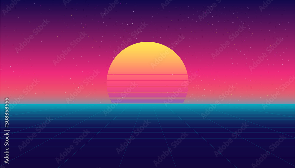 Retro future. 80s style sci-fi background with the sun rise. Futuristic ...