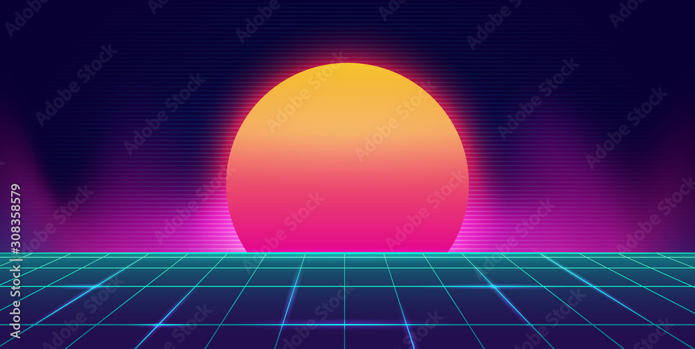 Retro future. 80s style sci-fi background with the sun rise. Futuristic ...