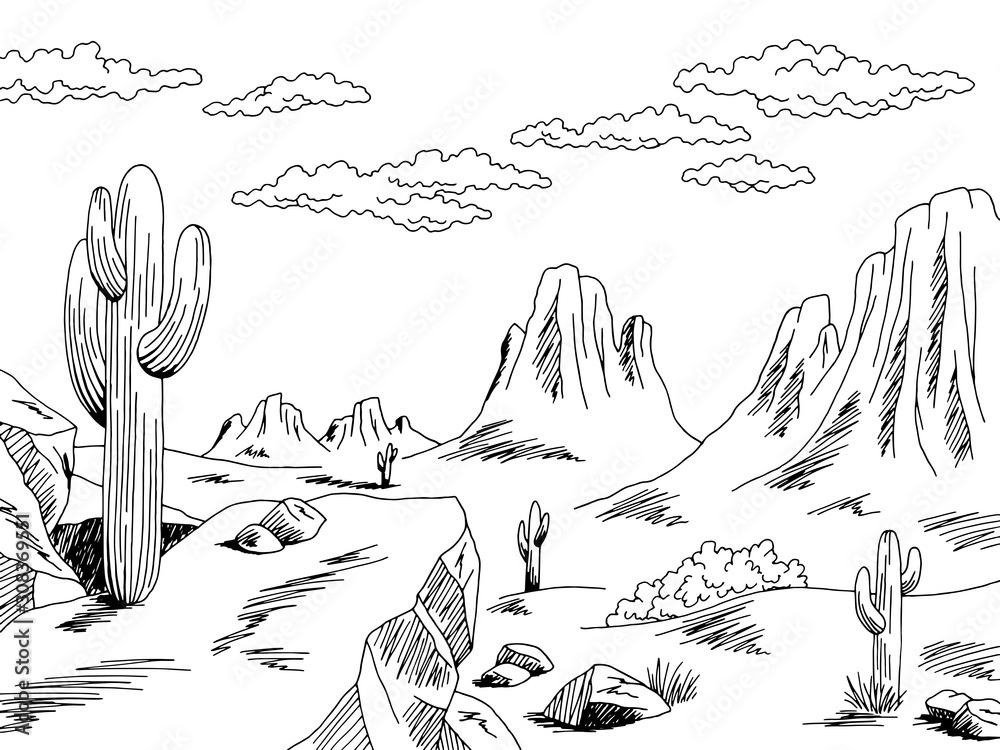 Prairie graphic black white wild west desert landscape sketch ...