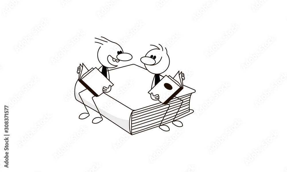 Doodle stick figure: Men reading book, big book. Stock Vector | Adobe Stock