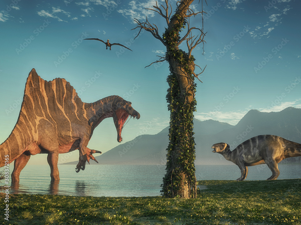 Spinosaurus and an iguanodon Stock Illustration | Adobe Stock