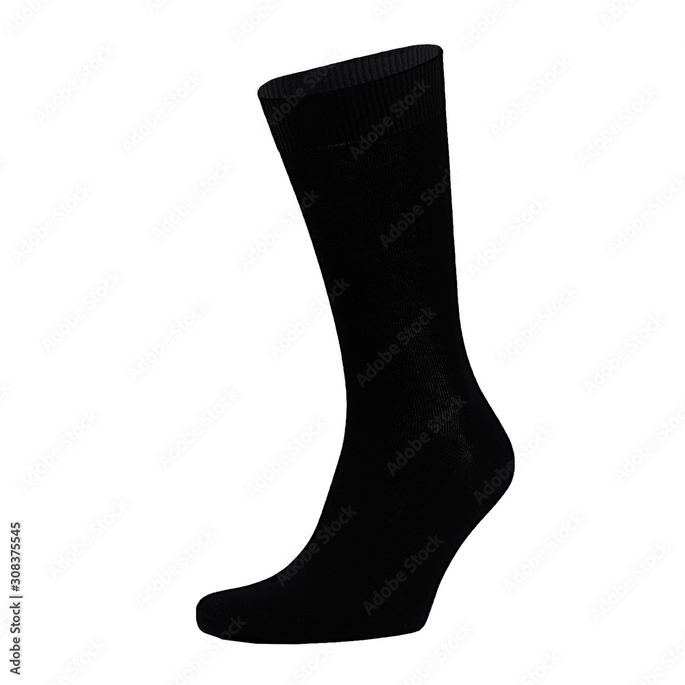 Blank black cotton long sock on invisible foot isolated on white ...