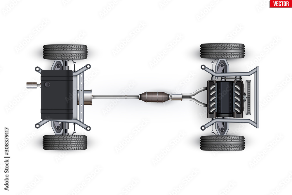 Car Unibody Chassis. Vehicle frame with engine and Transmission. Wheels ...
