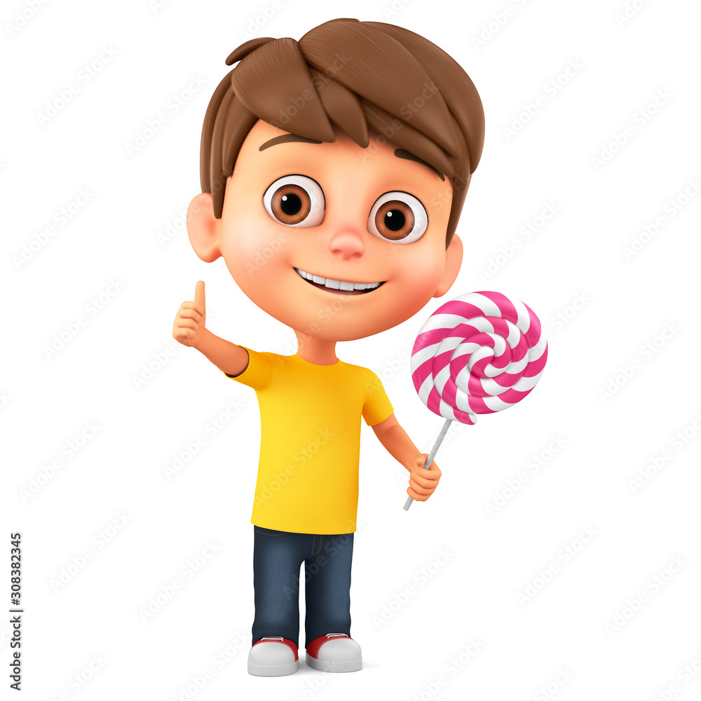 Cartoon character little boy holding a big candy on a white background ...