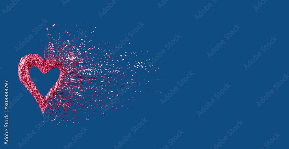 Glitter heart dissolving into pieces on classic blue background ...