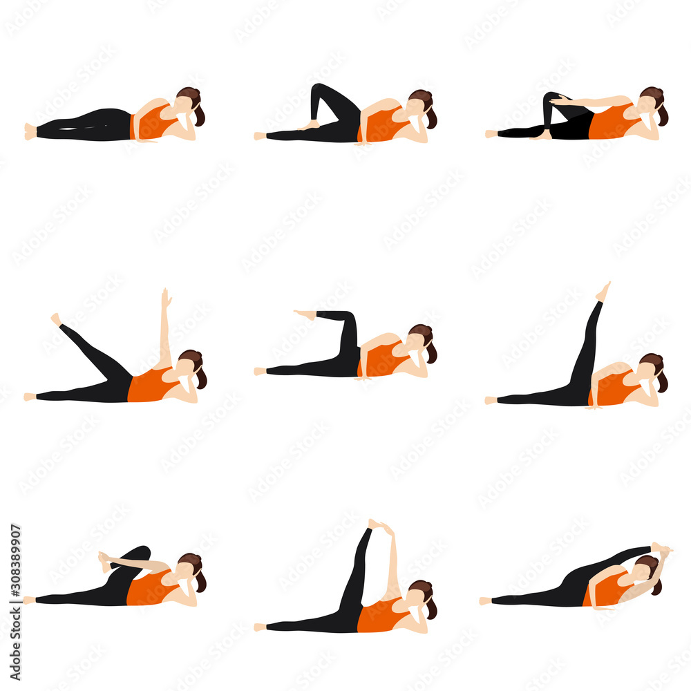 Sleeping Vishnu yoga asanas set/ Illustration stylized woman practicing ...