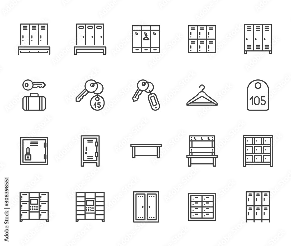 Locker room flat line icons set. Gym, school lockers, automatic left ...