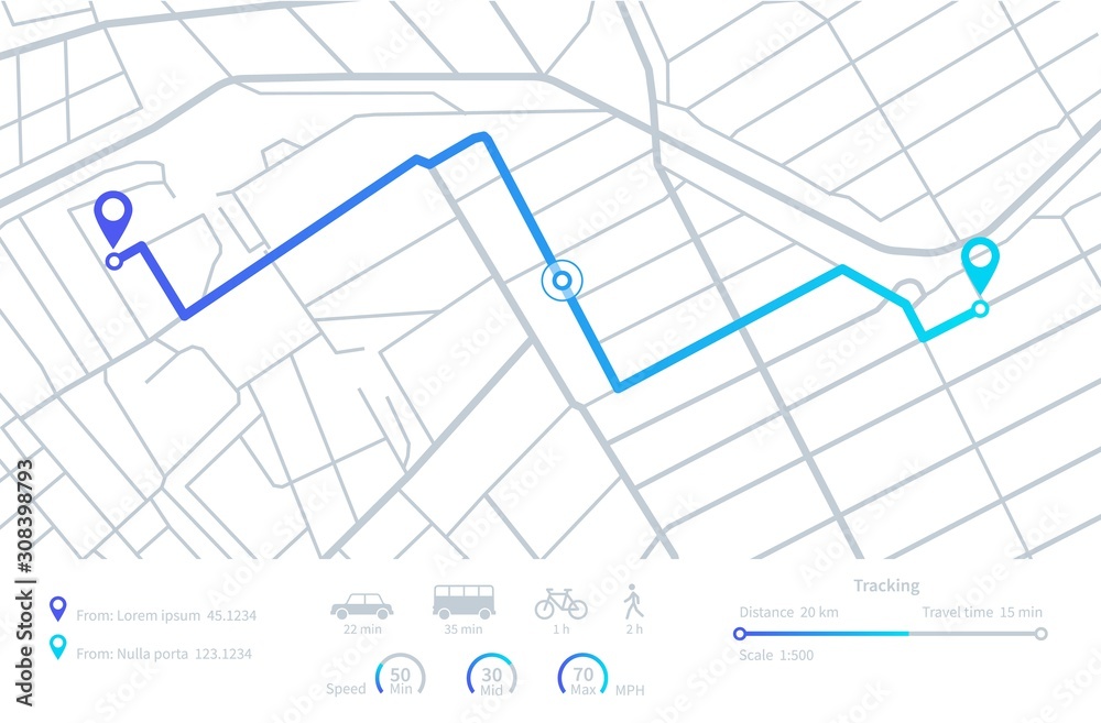 GPS navigation. Planning routes. Mobile navigating map with location ...
