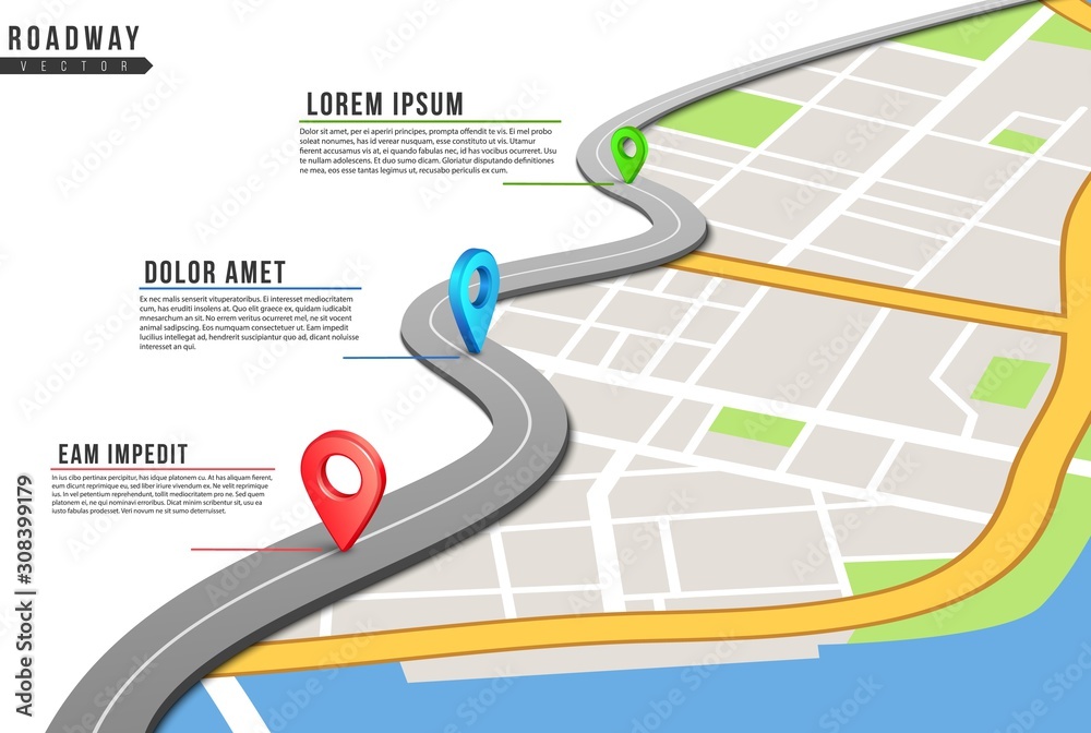 Roadway infographic. Locations map, highway pinned points with ...