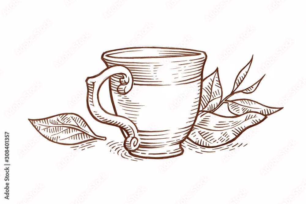 Vintage cup. Hand drawn tea cup illustration in engraving style. Stock ...