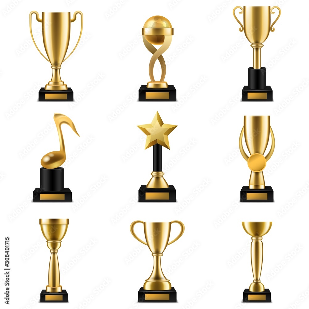 Trophy cup. Realistic golden trophy cups and prize in different shapes ...