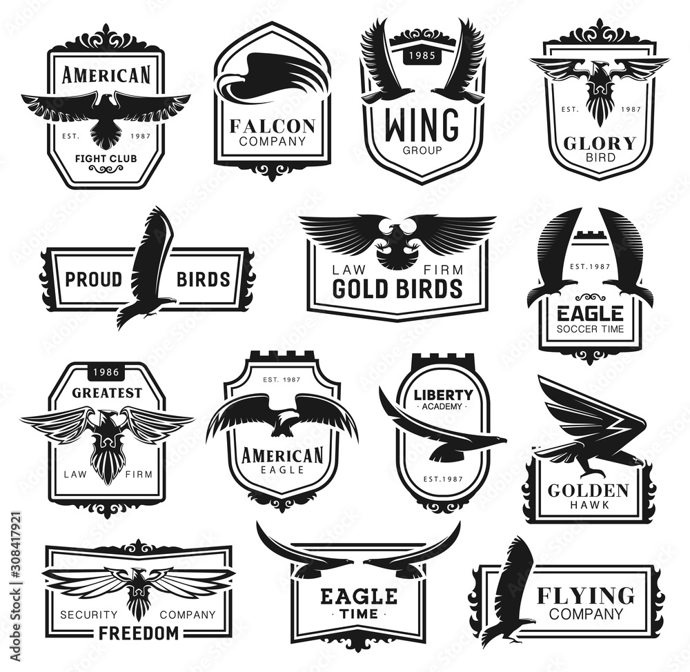 Vetor de Falcon and eagle birds, heraldic labels. Vector american fight ...