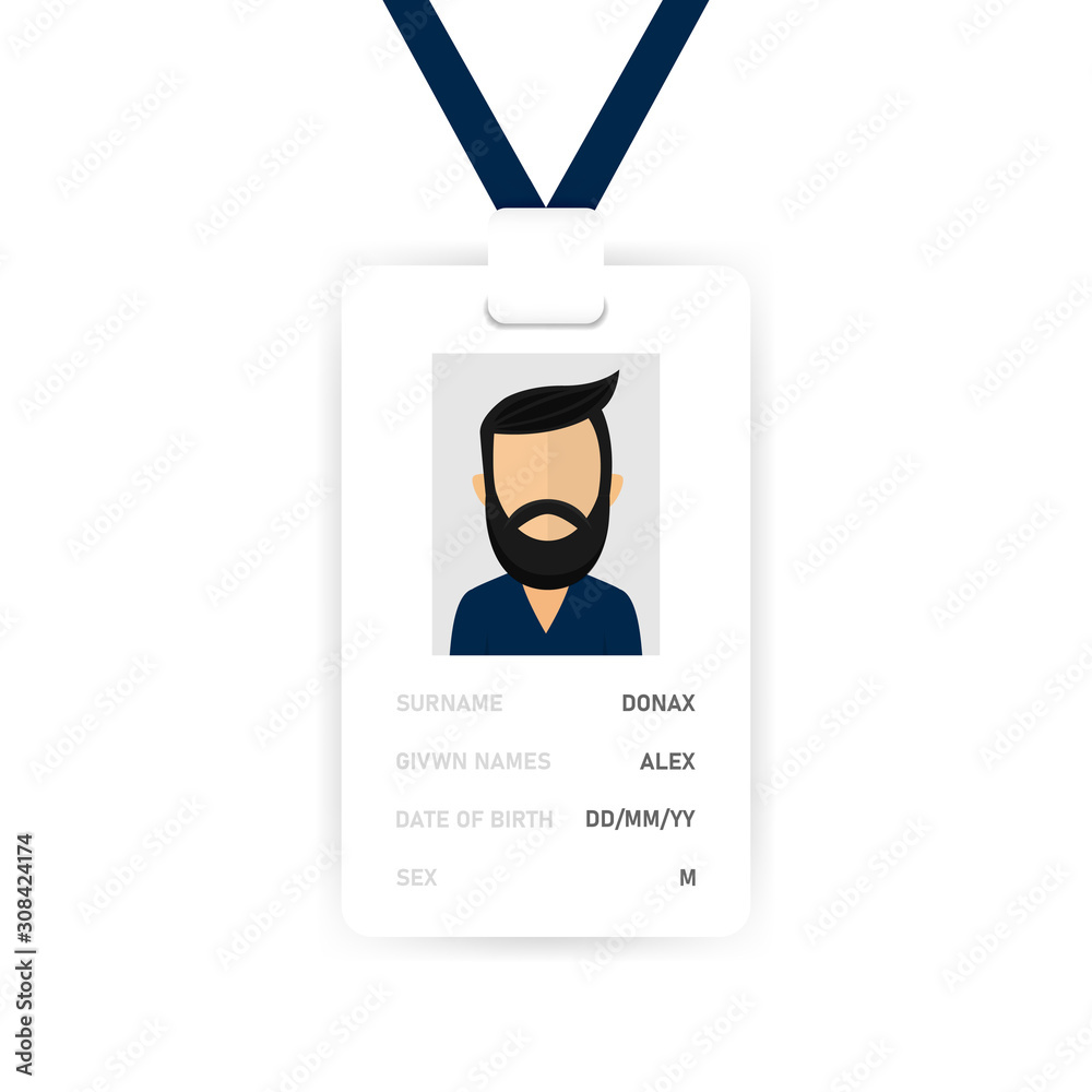 Card users information. Badge men`s on neck on white background. Vector ...