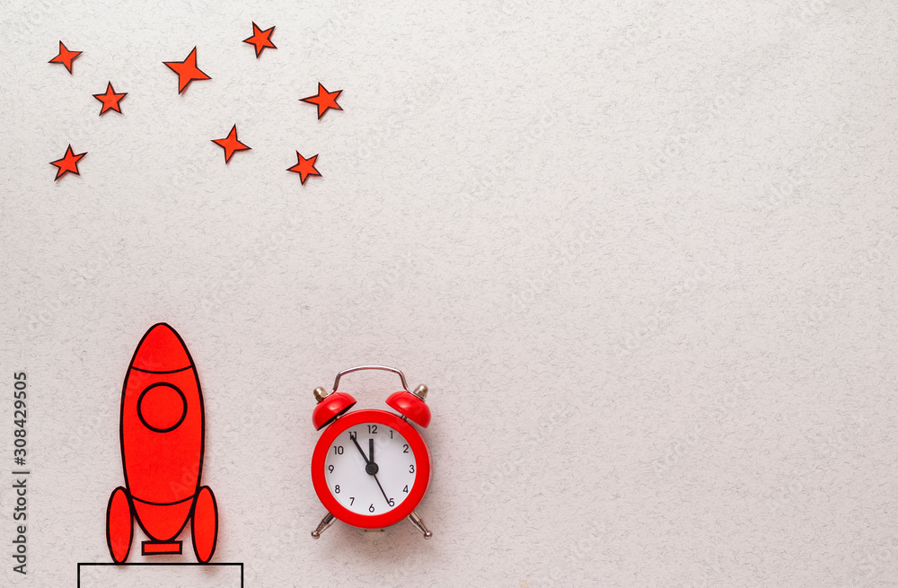 Red cartoon rocket on a launch pad Stock Photo | Adobe Stock