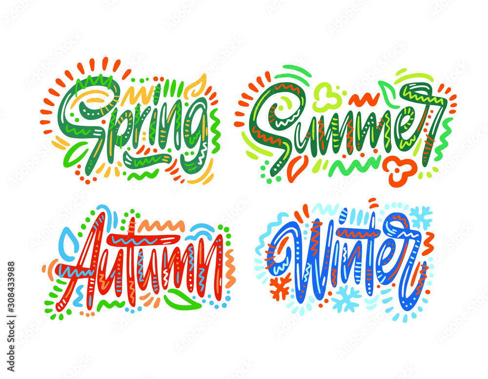 Spring, summer, autumn, winter. Seasons. Hand Lettering word ...