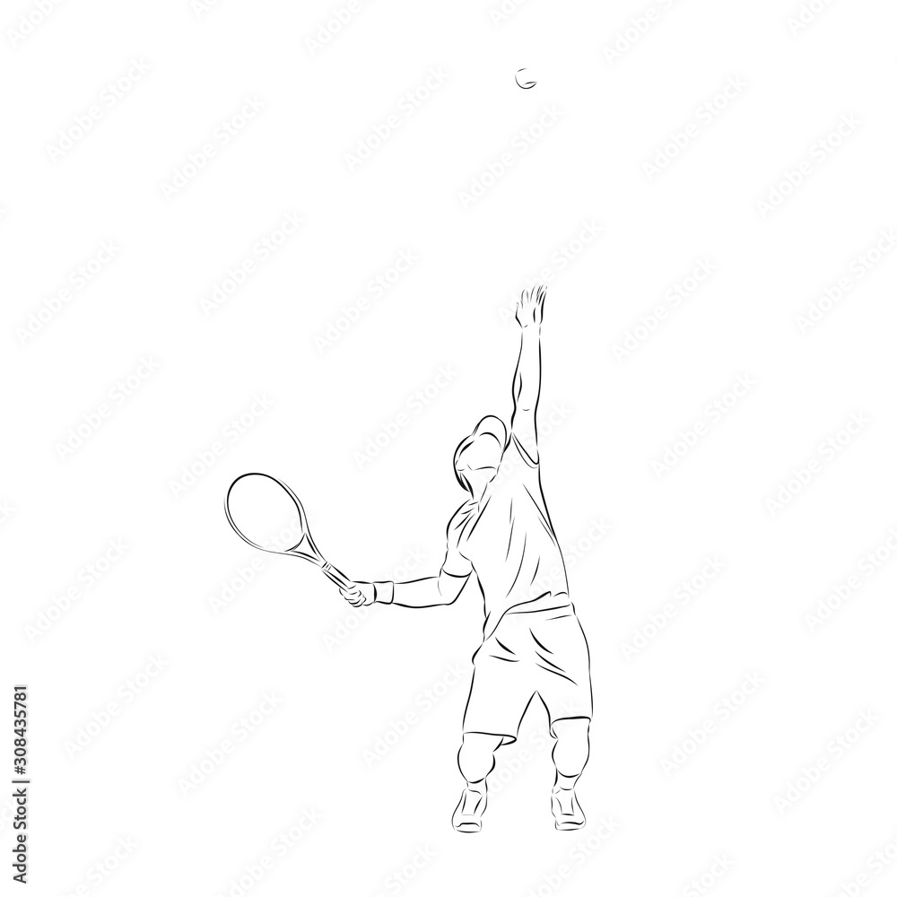 Tennis player serving ball. Pen drawing, isolated vector outline ...