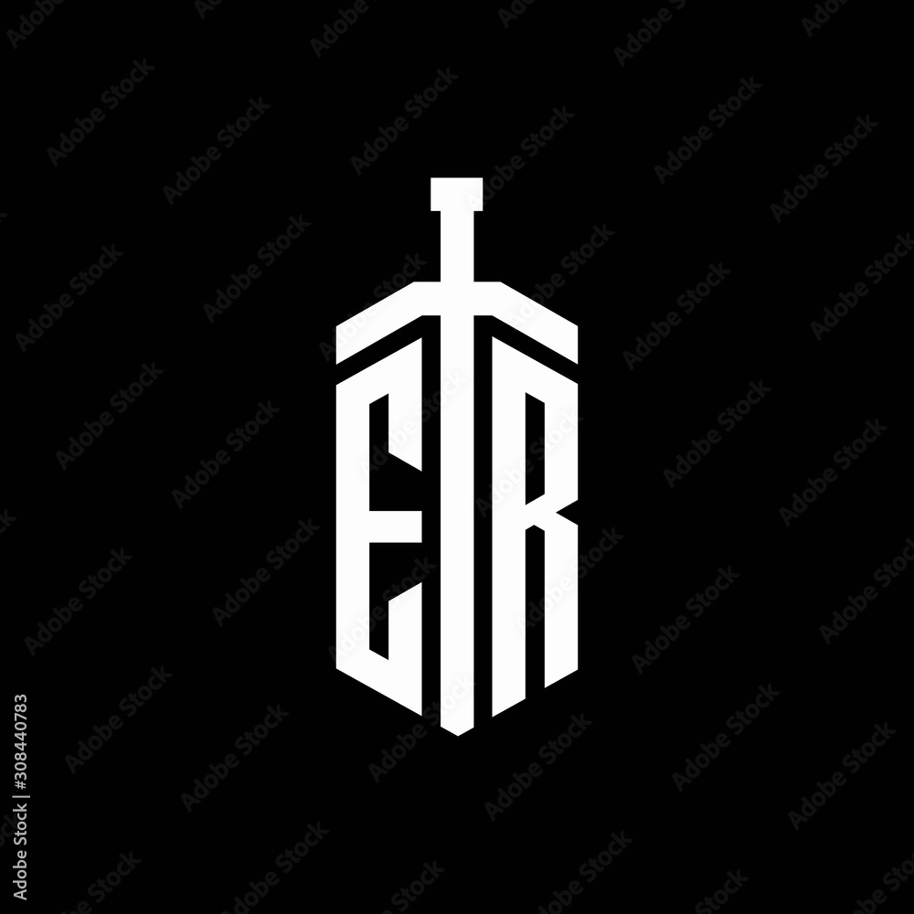 ER logo monogram with sword element ribbon design template Stock Vector ...