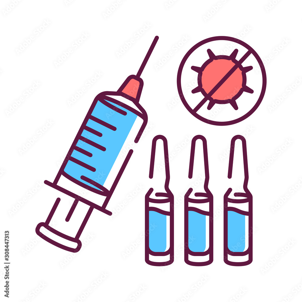 Flu shot color line icon. A vaccine given with a needle, usually in the ...