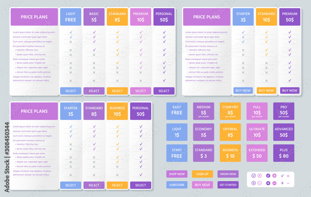 Table price comparison. Vector. Chart plan template. Set web pricing ...