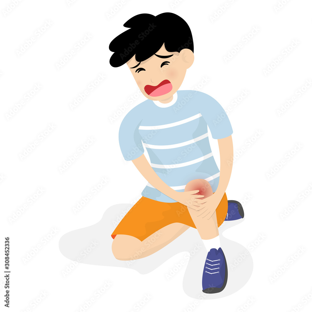 Cute little boy is tear and falling knee pain isolated on background ...