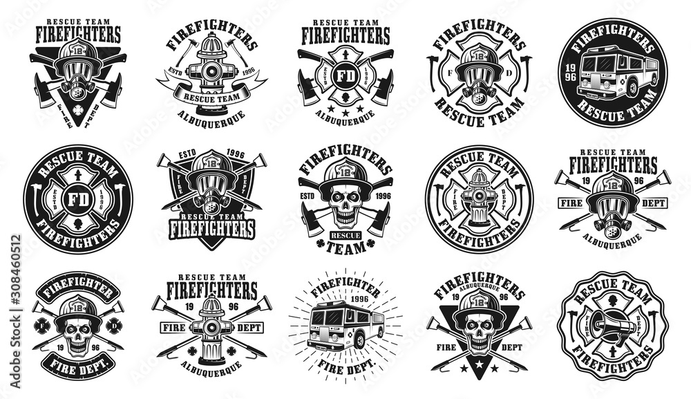 Firefighters big set of vector isolated emblems Stock Vector | Adobe Stock