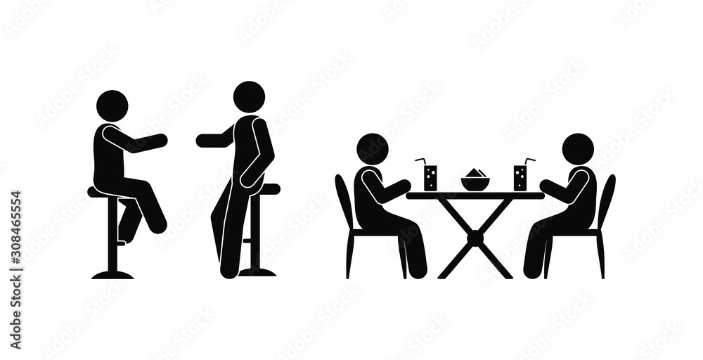 restaurant icon, stick figure pictogram man drinks and communicates ...