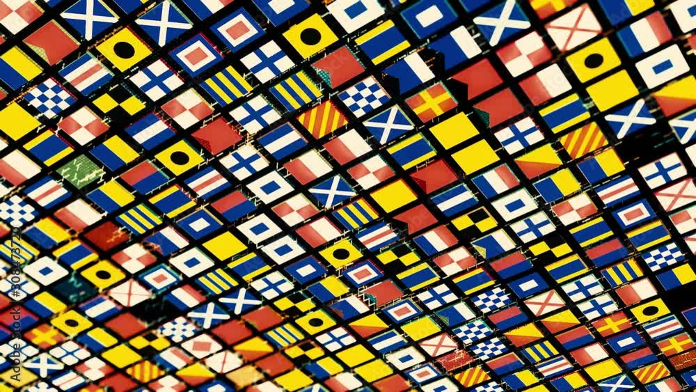 Abstract rows of flags of different countries flowing on black ...