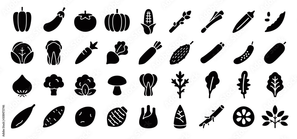 Vegetable Icon Set (Flat Silhouette Version) Vektor Stok | Adobe Stock