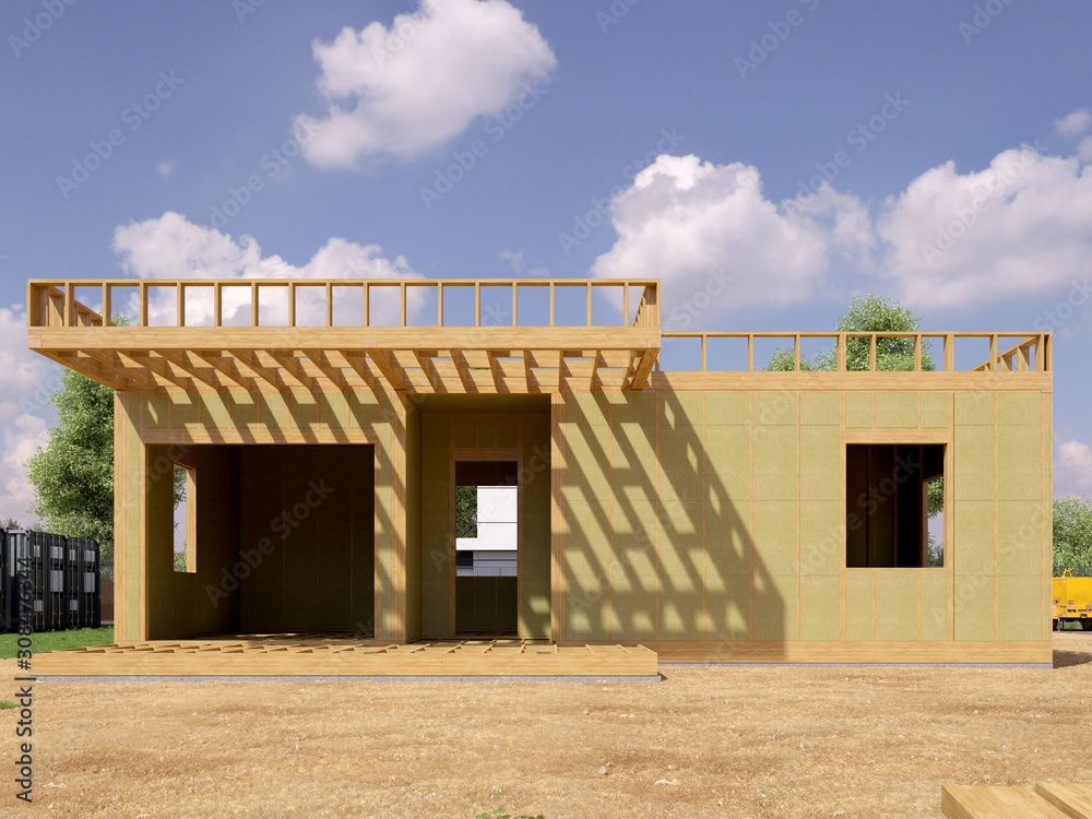 3d render of a modern frame building - detailed concept of construction ...