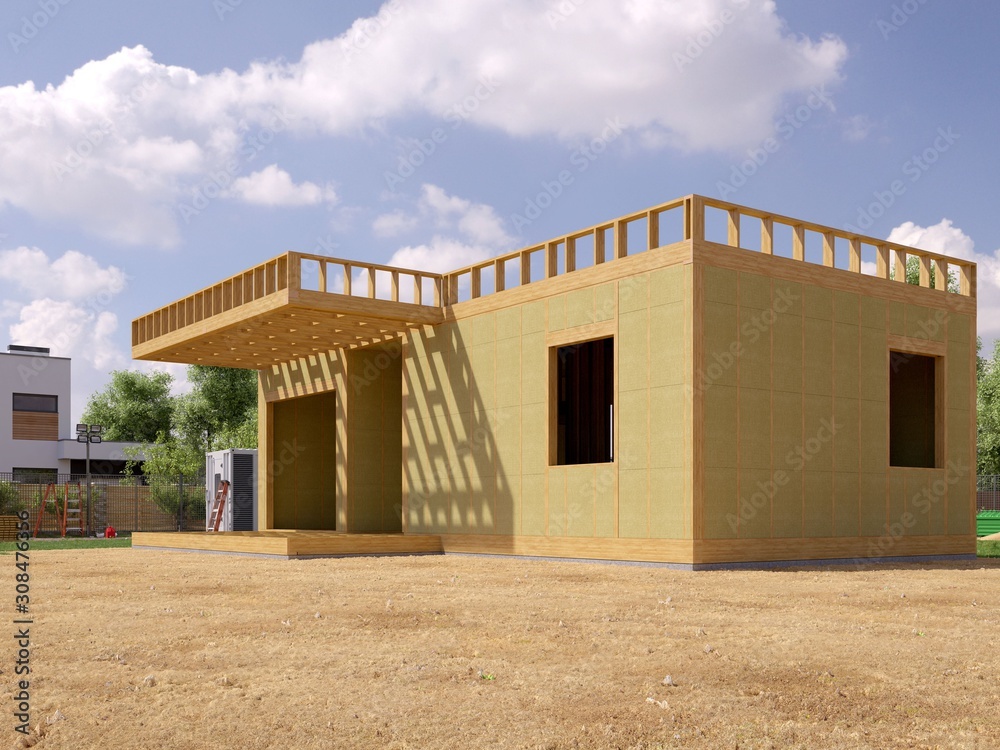 3d render of a modern frame building - detailed concept of construction ...