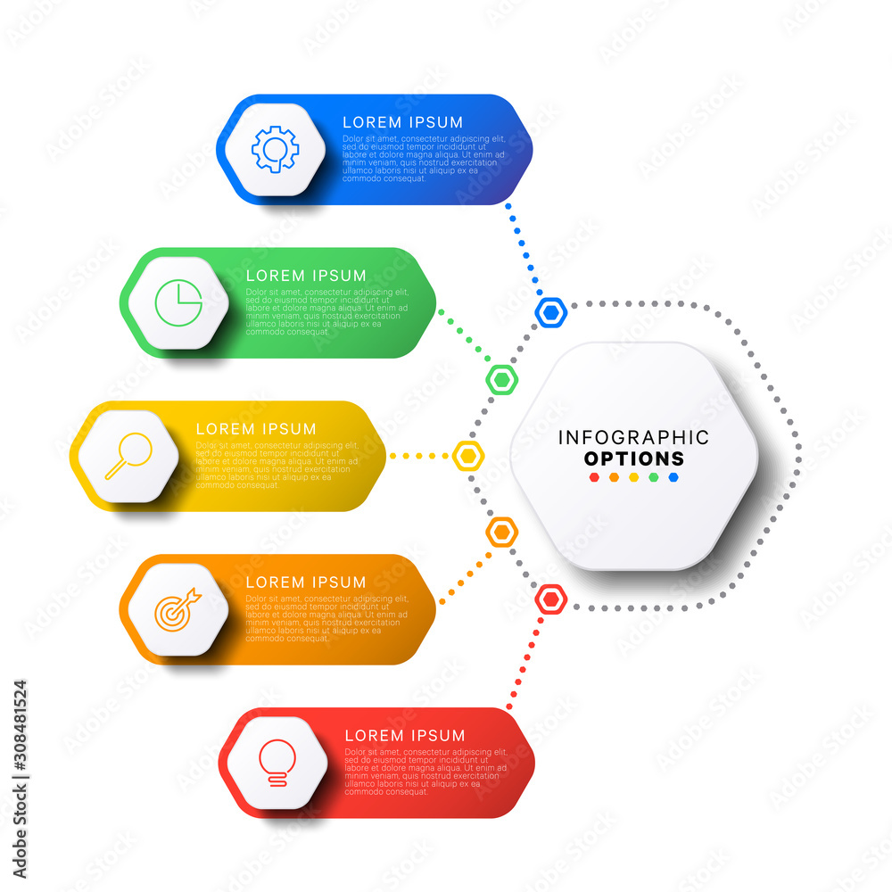 5 steps infographic template with realistic hexagonal elements on white background. company ...