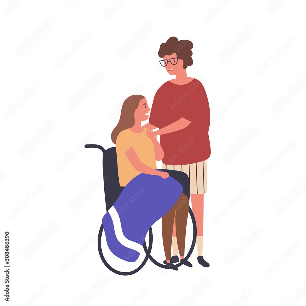 Loving young couple flat vector illustration. Wheelchair girl and boy ...