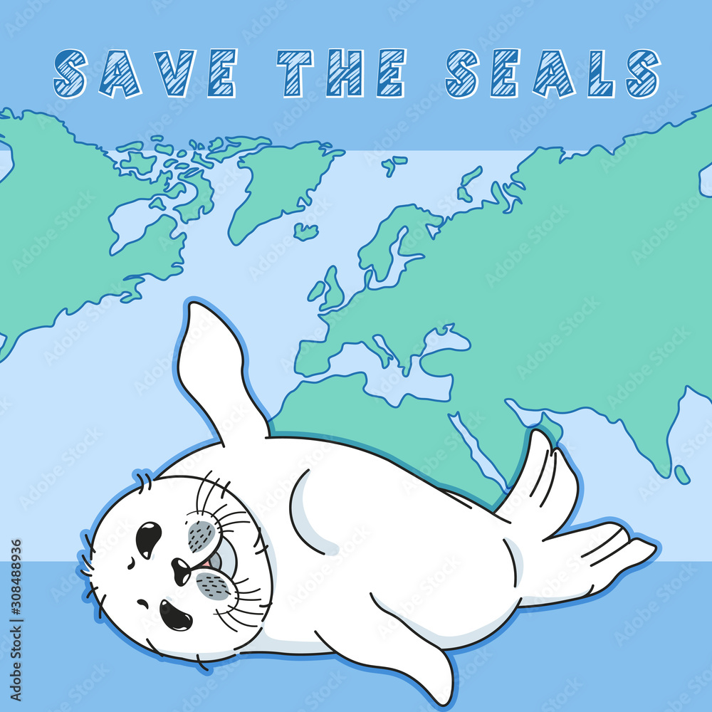 cute fur seal, save the seals slogan, baby nerpa on worlds ocean ...