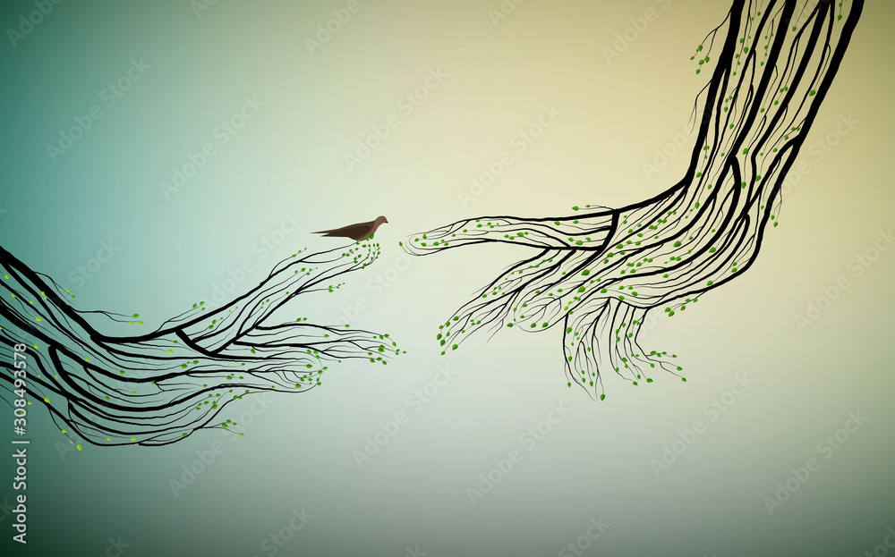 Human hands look like tree branches covering the bird, give life to ...