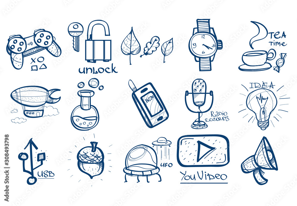 Set of icons in the hand drawing style. Outline drawing for coloring ...