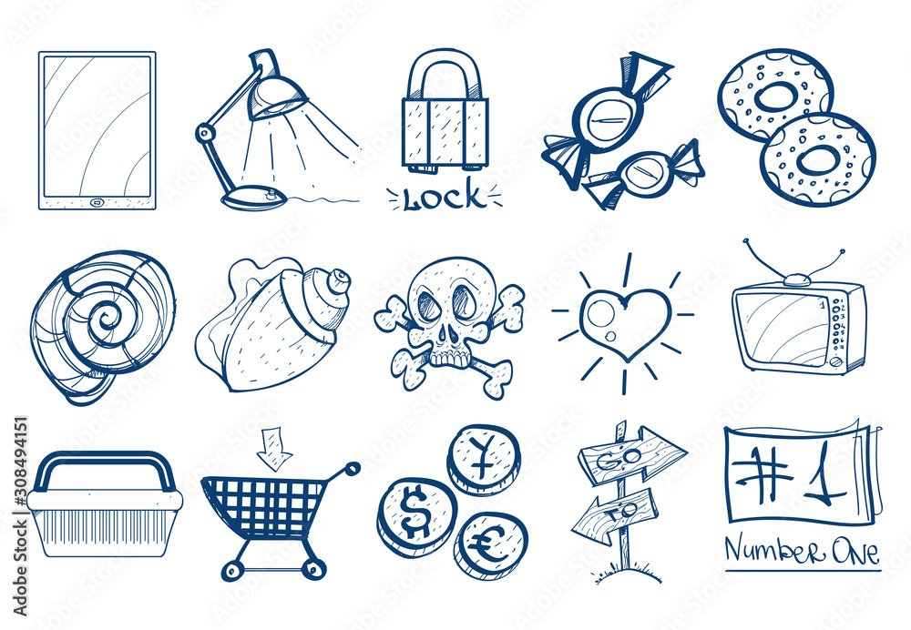 Set of icons in the hand drawing style. Outline drawing for coloring ...
