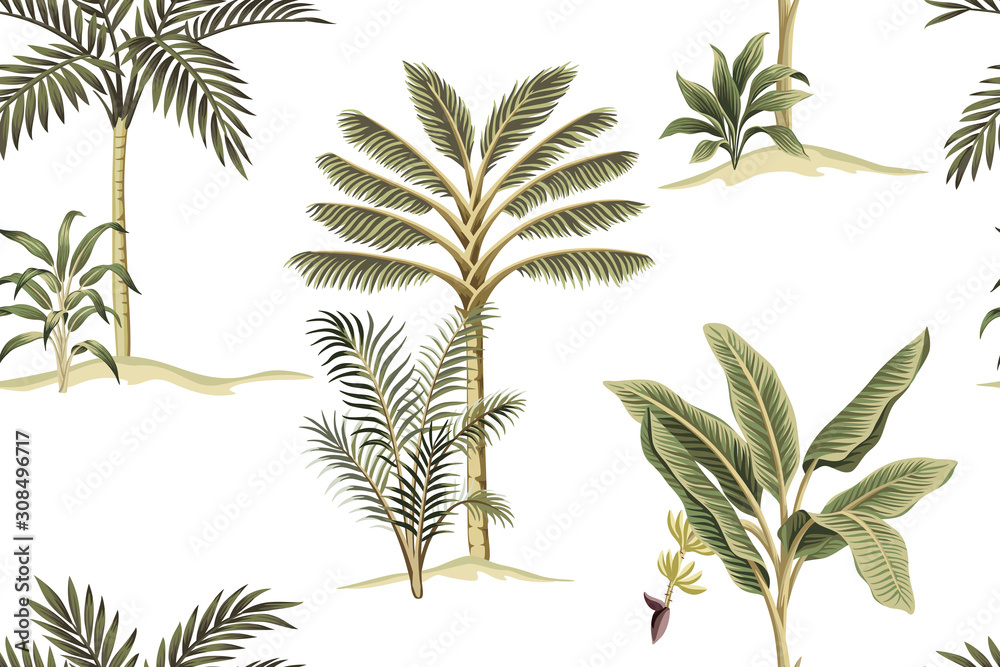 Tropical vintage palm trees, banana tree, plants floral seamless pattern white background ...