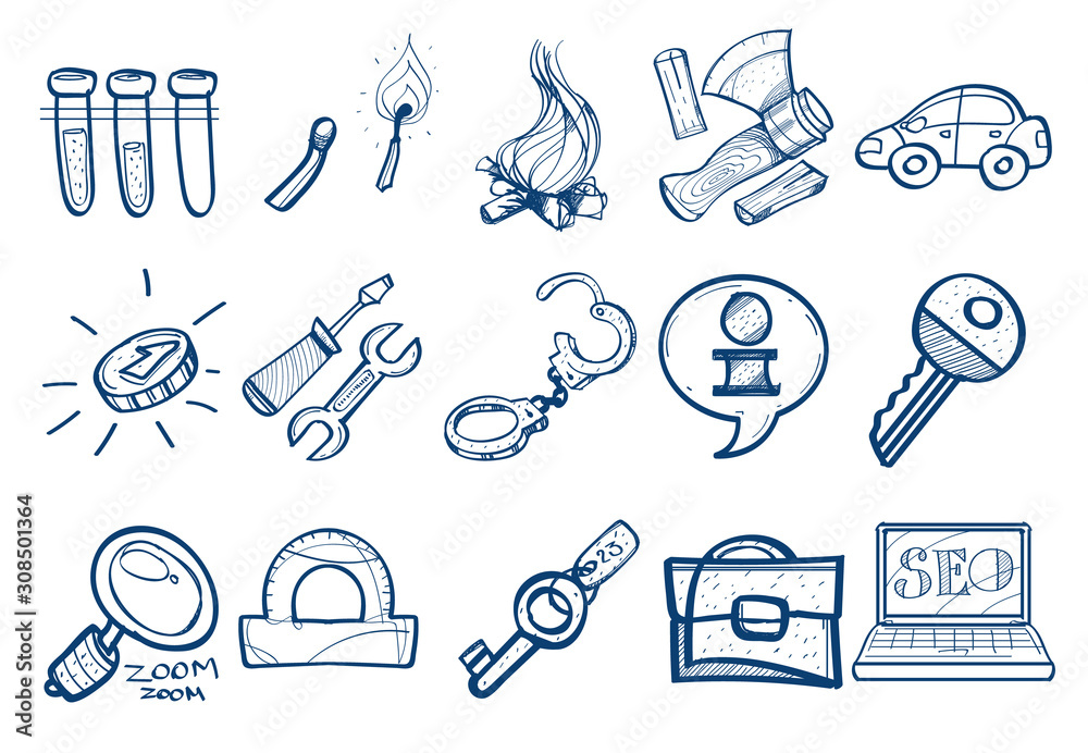 Set of icons in the hand drawing style. Outline drawing for coloring ...