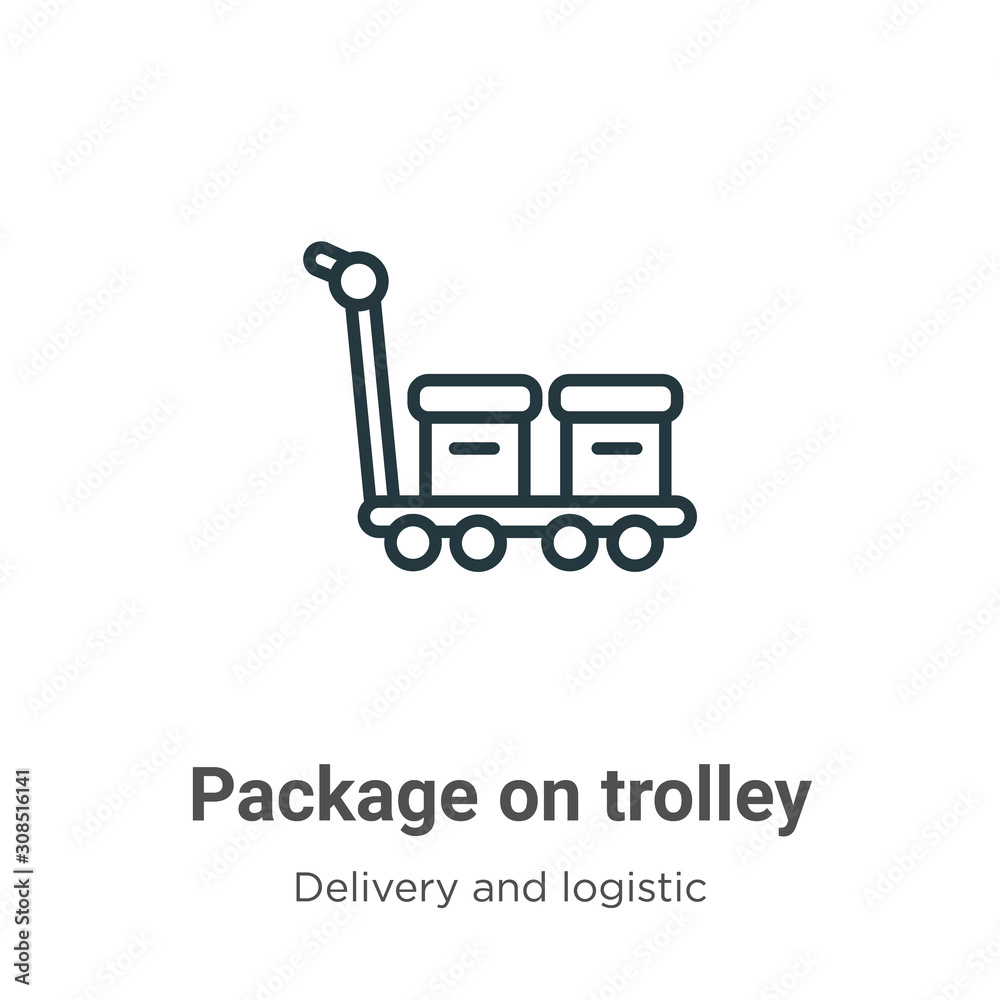 Package on trolley outline vector icon. Thin line black package on ...