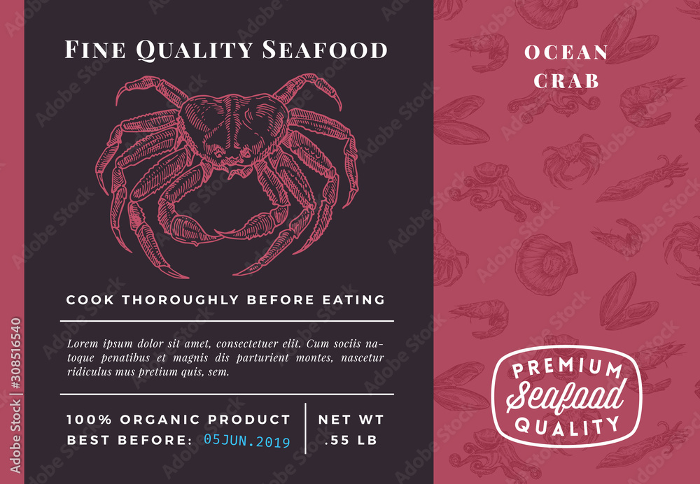 Premium Quality Seafood Abstract Vector Crab Packaging Design or Label ...