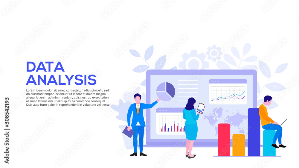 Data analysis design concept with people, chart and laptop. Flat vector ...